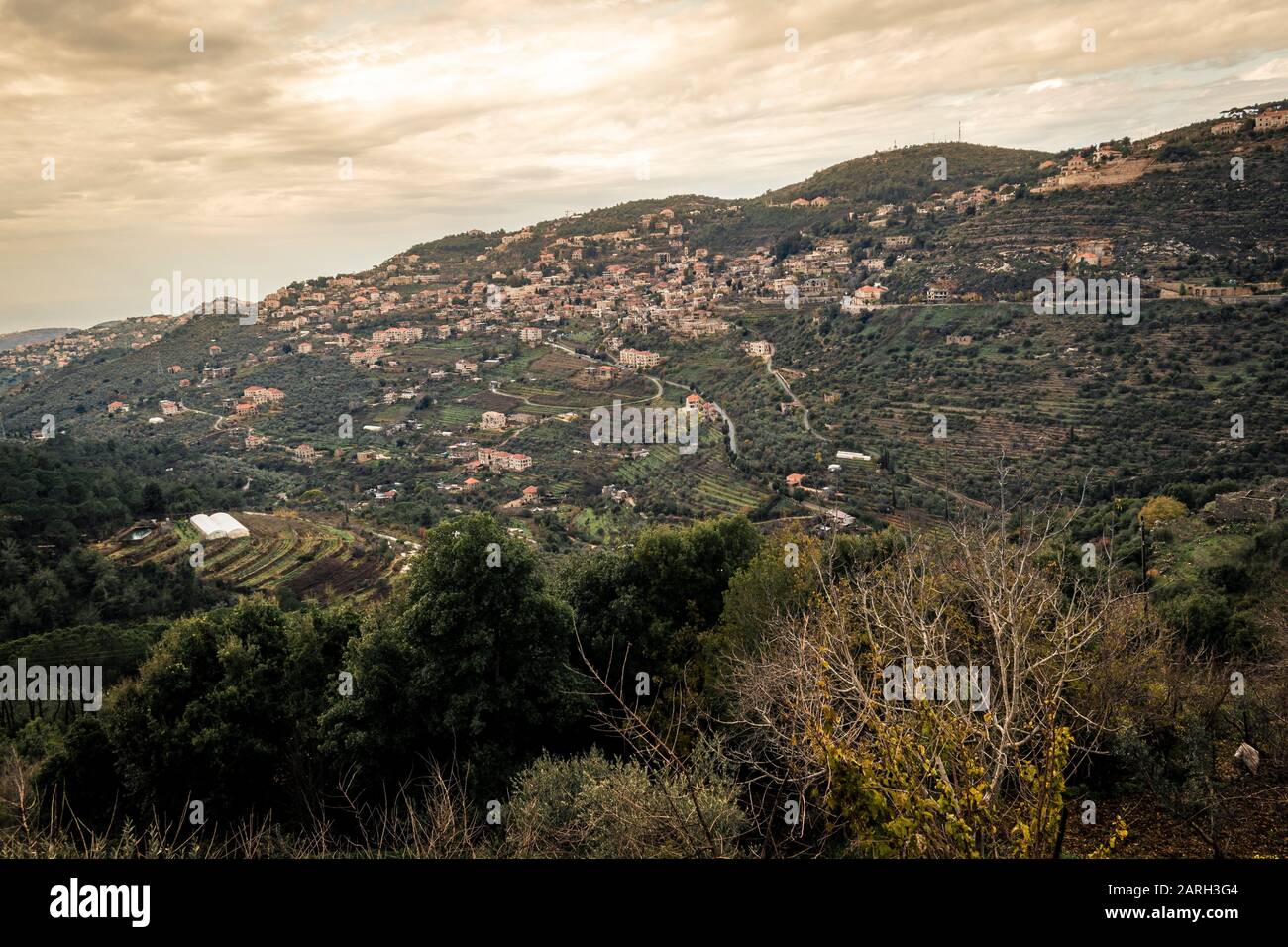 Wide view capture of Deir El Qamar village and old architecture in ...
