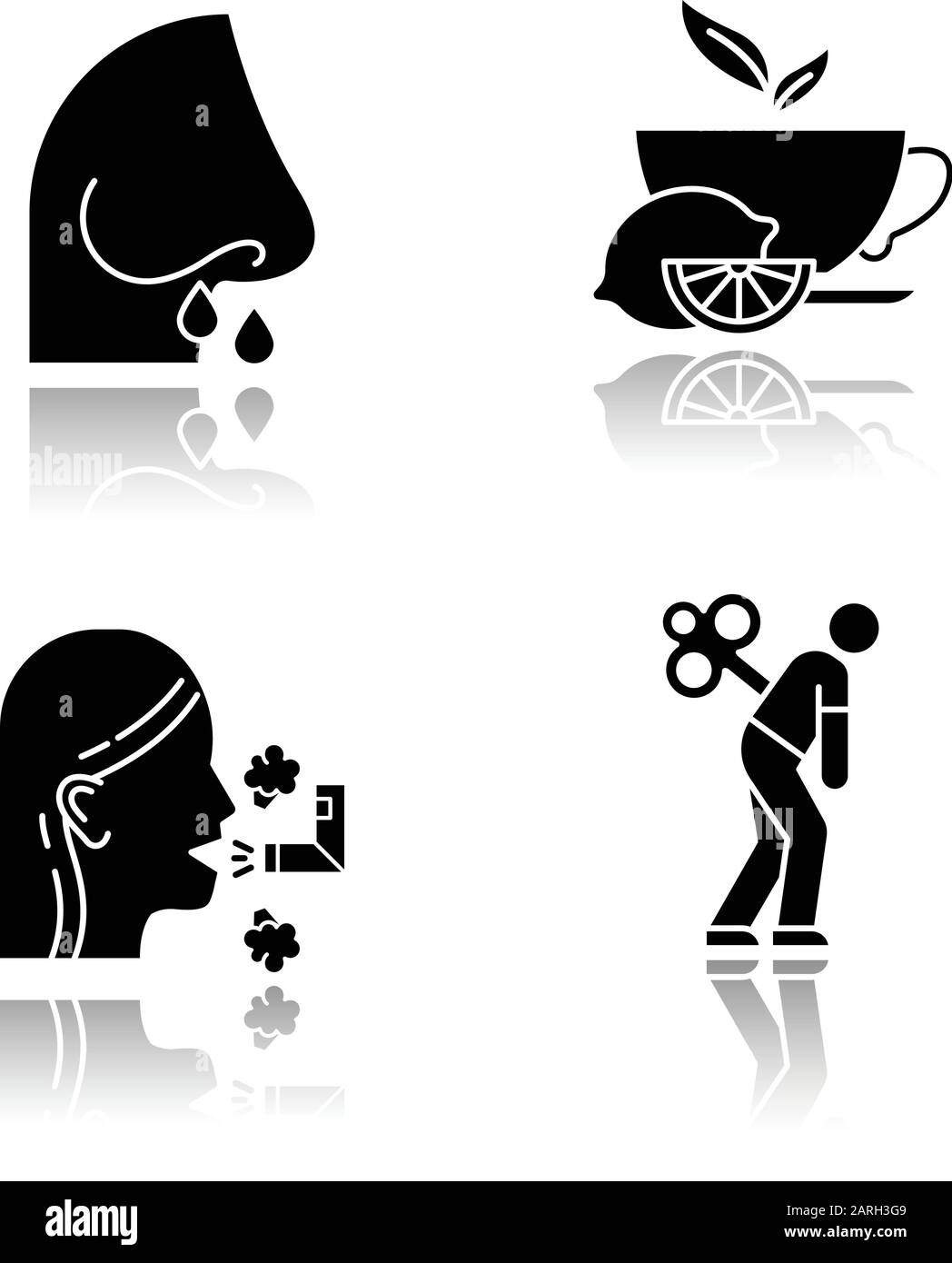 Common cold drop shadow black glyph icons set. Drip nose. Cup with ...