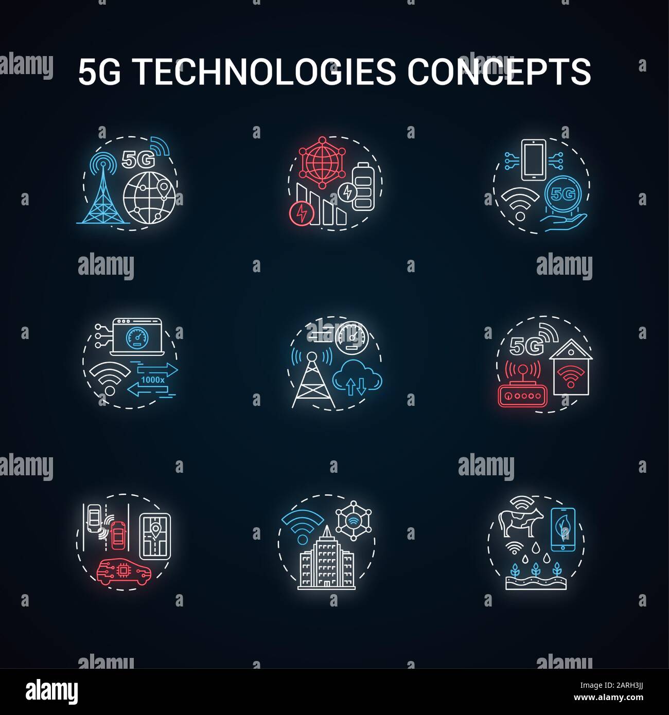 5G technologies neon light concept icons set. High-speed connection ...