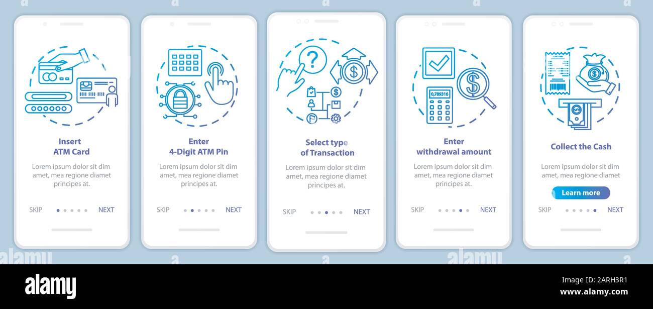 ATM instruction onboarding mobile app page screen vector template ...