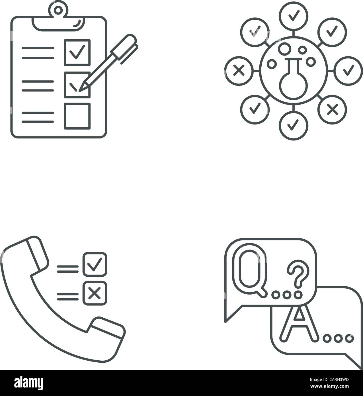 Survey methods linear icons set. Telephone poll. Chemical analysis ...