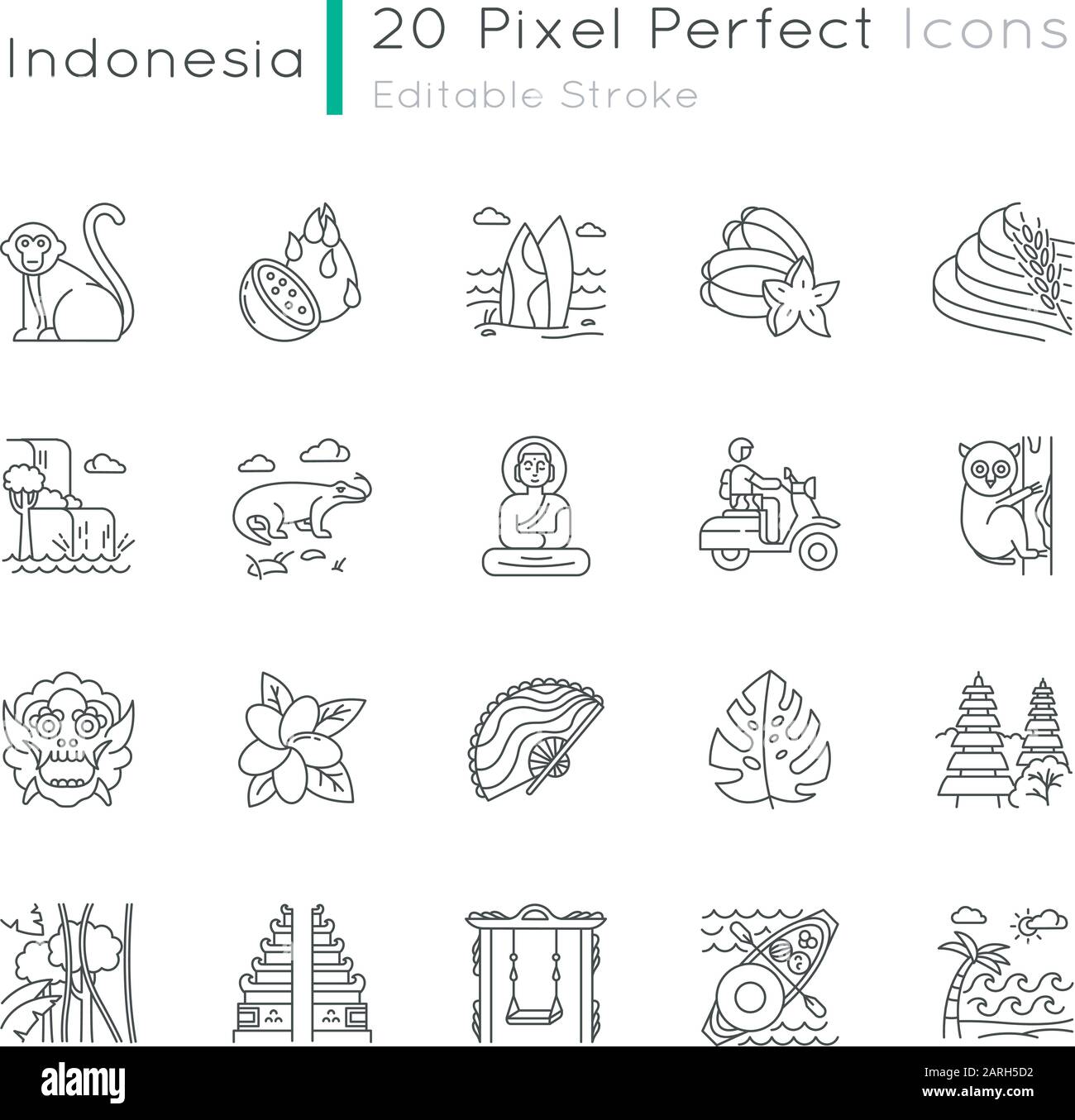 Indonesia linear icons set. Tropical country animals, plants ...