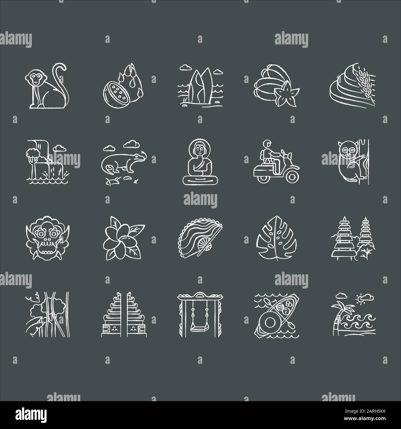 Indonesia chalk icons set. Tropical country animals. Trip to Indonesian ...