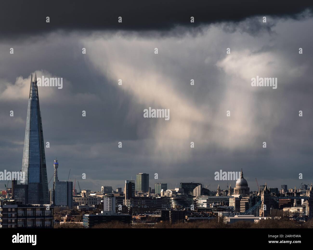 London, UK. 28th Jan 2020. UK Weather: Rain clouds, cold air and ...