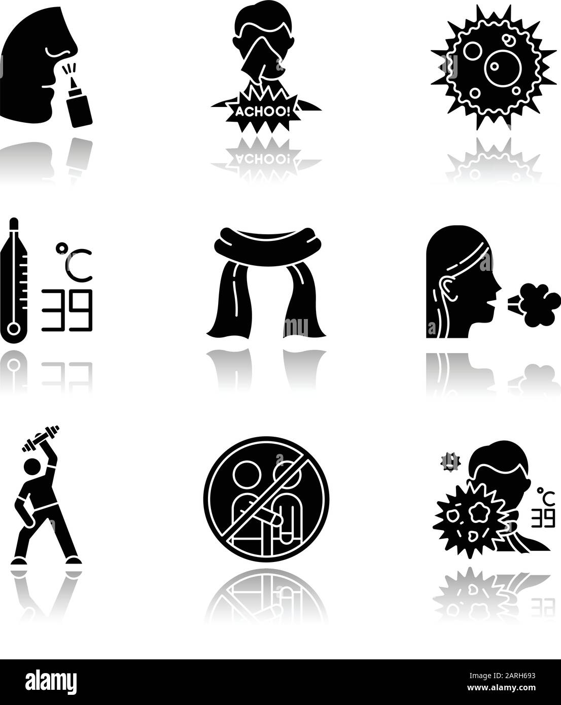 Common cold drop shadow black glyph icons set. Drip nose. Girl coughing ...