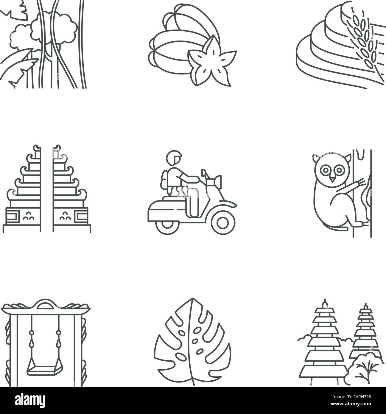 Indonesia linear icons set. Tropical country animals, plants ...