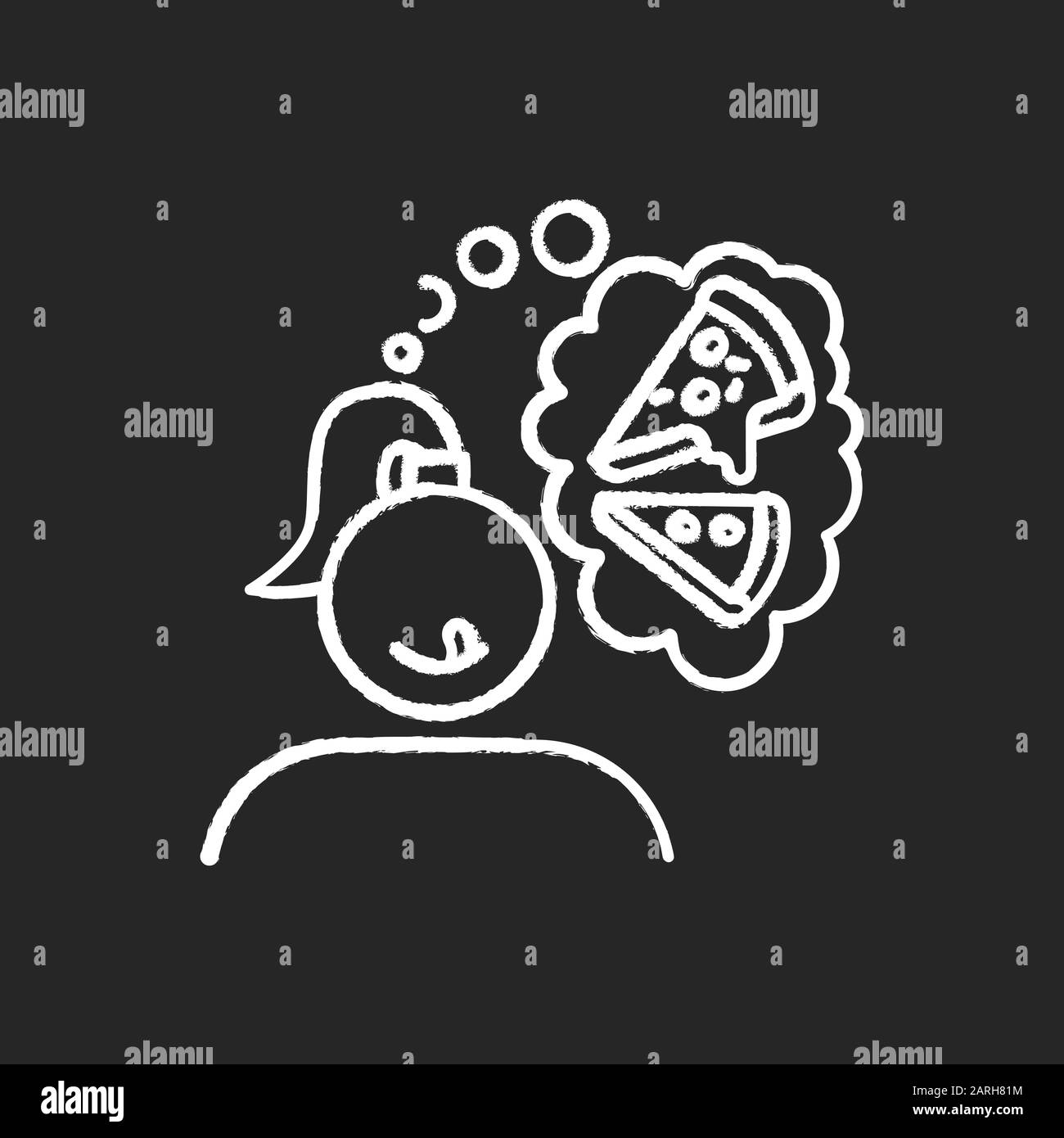 Pizza craving chalk icon. Woman thinking of fast food. Unhealthy treat ...