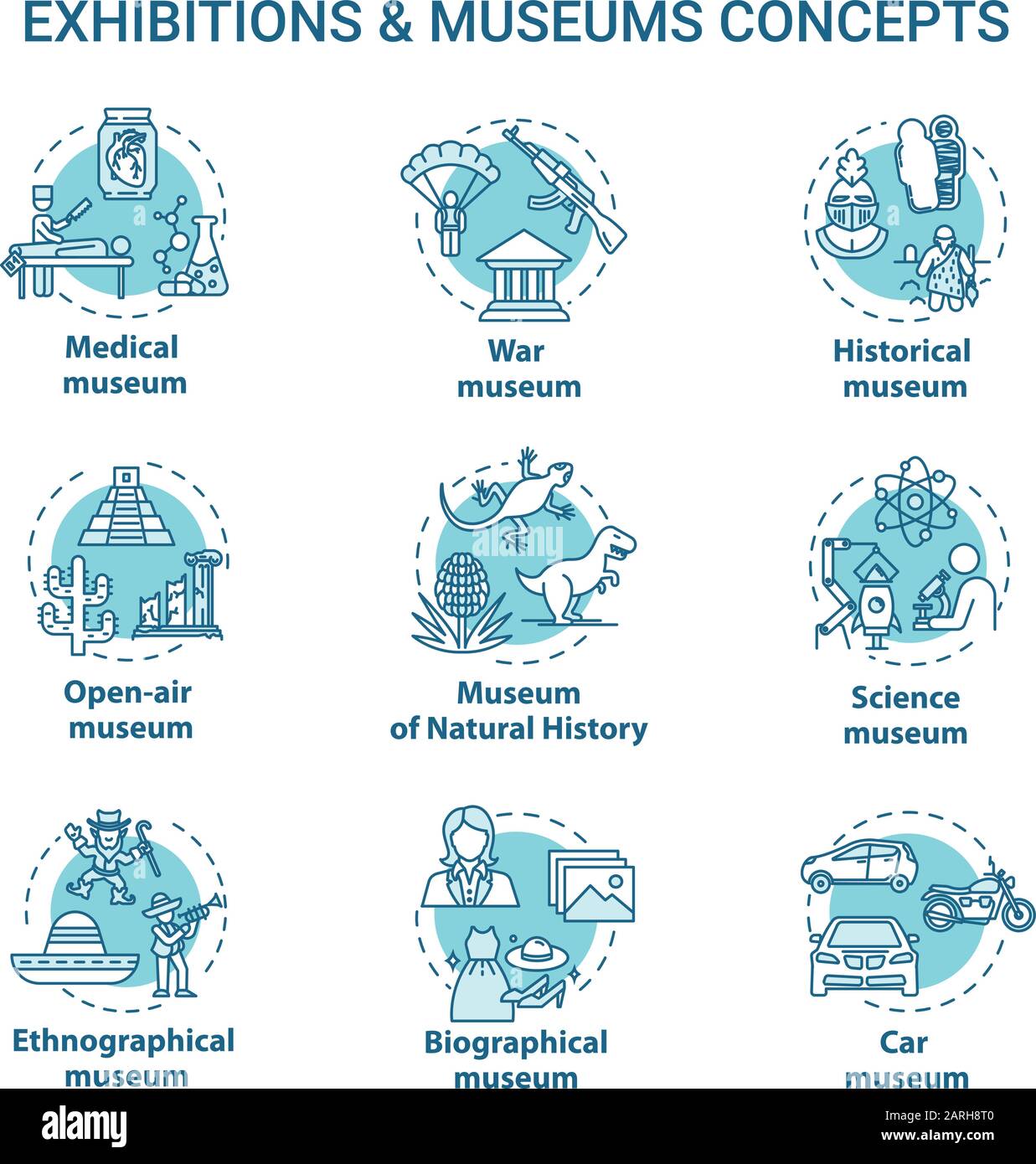 Museum exhibition concept icons set. Ethnographical and biographical ...