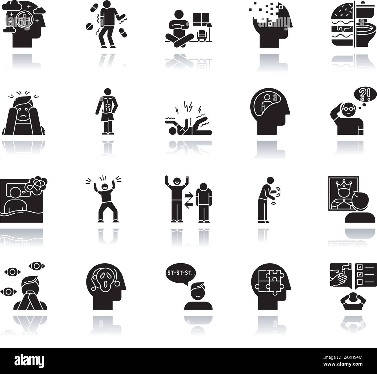 Mental disorder drop shadow black glyph icons set. Delusions ...