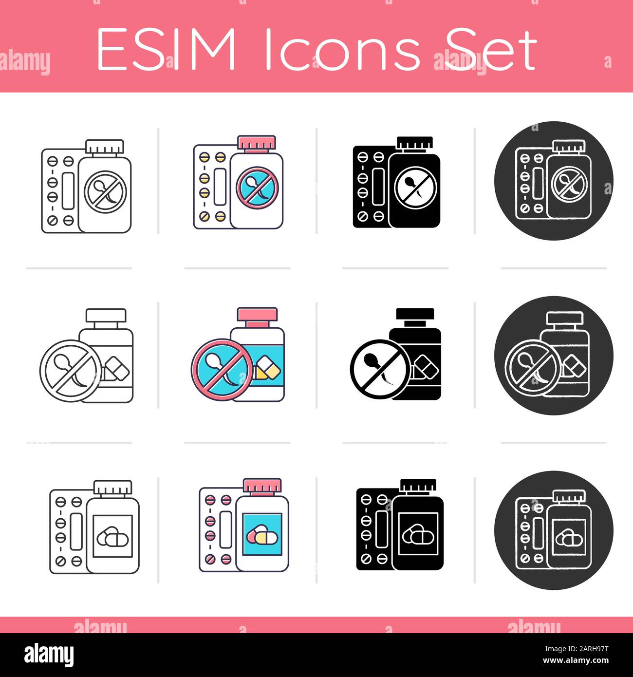 Birth control icons set. Unintended pregnancy prevention. Oral ...