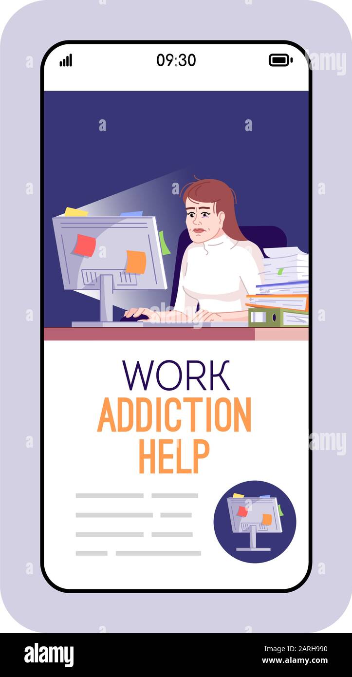 Work addiction help cartoon smartphone vector app screen. Mobile phone ...