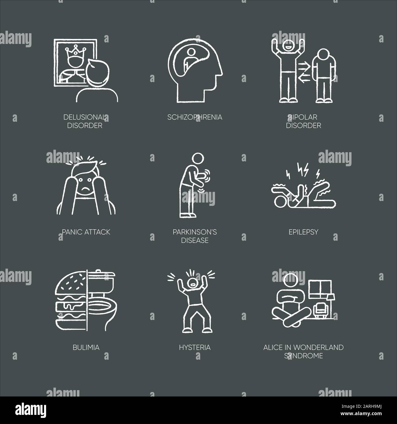 Mental disorder chalk icons set. Delusion, schizophrenia. Bipolar ...