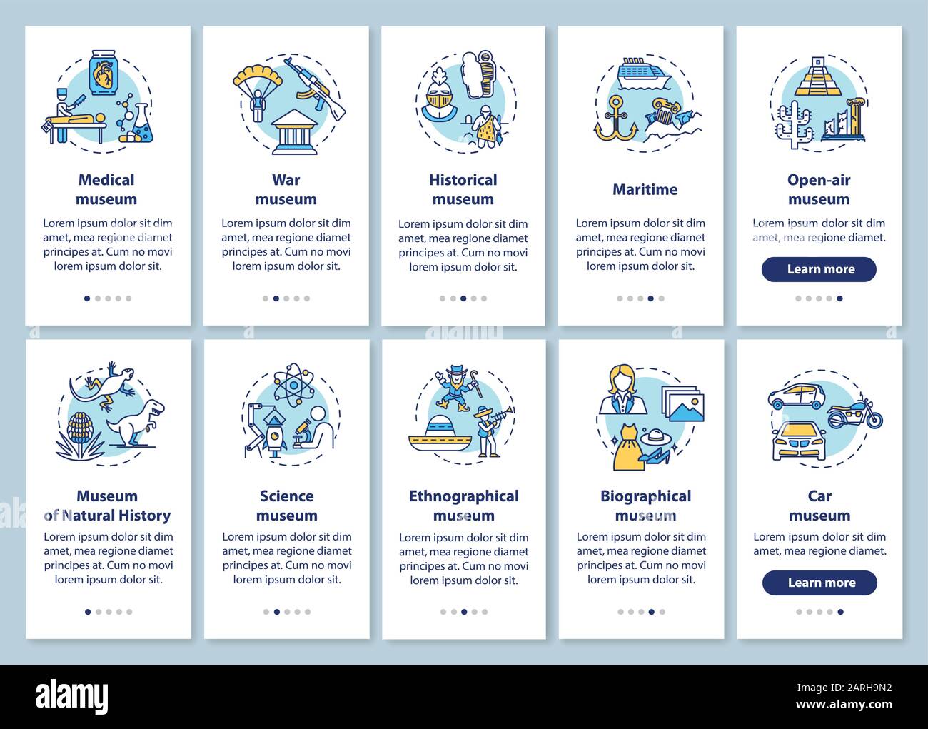 Exhibition and museum onboarding mobile app page screen with linear concepts. Ethnography ...