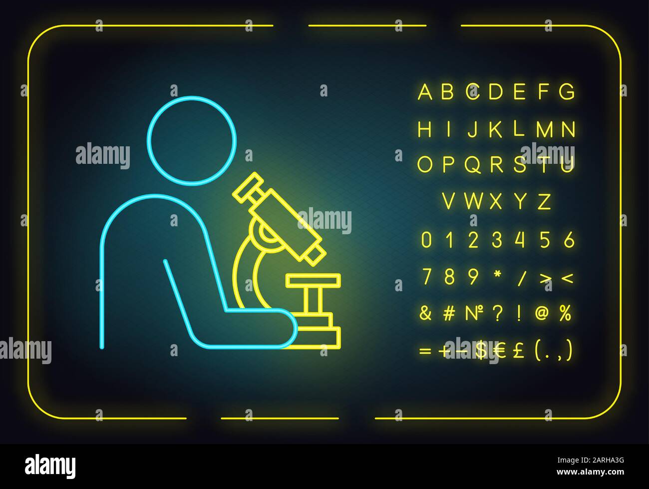 Man with microscope neon light icon. Scientist at work. Organic ...