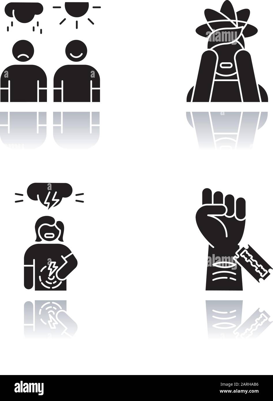 Mental disorder drop shadow black glyph icons set. Anxiety ...