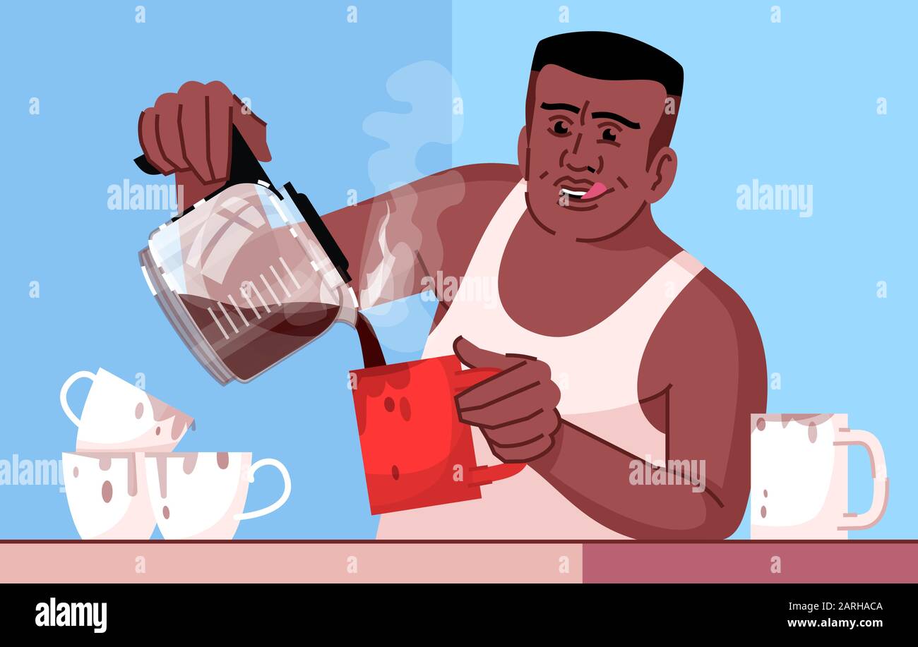 Caffeine addicted man flat vector illustration. Male coffeeholic ...