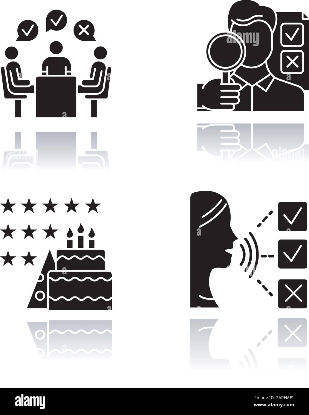Survey methods drop shadow black glyph icons set. Group administered ...