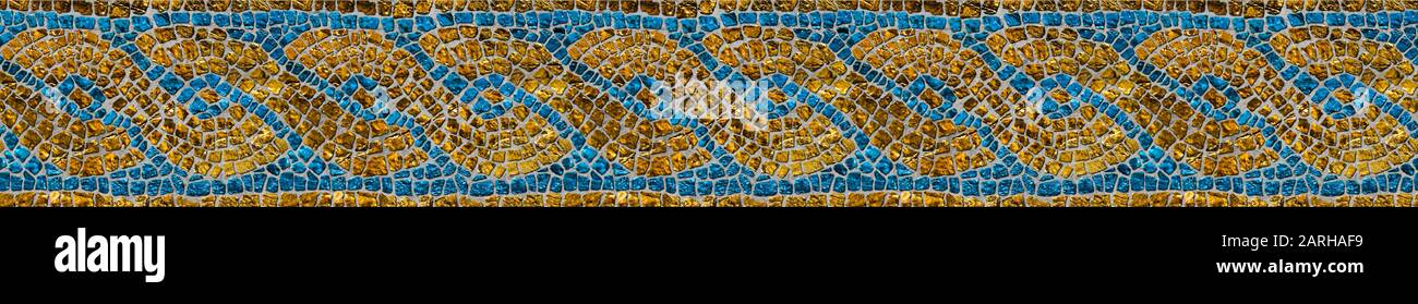 Italian roman mosaic with circular graphic made of small gold colored ...