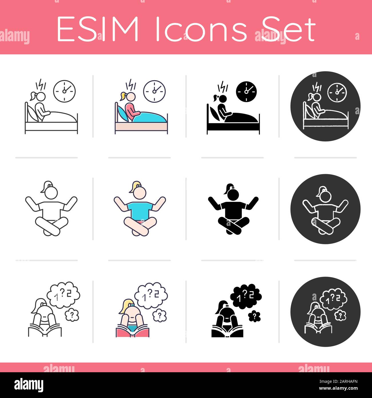 Predmenstrual syndrome icons set. Change in sleep pattern. Meditation ...