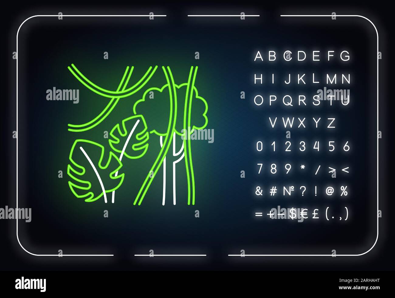 Rainforest plants neon light icon. Evergreen forest vines. Swiss cheese ...