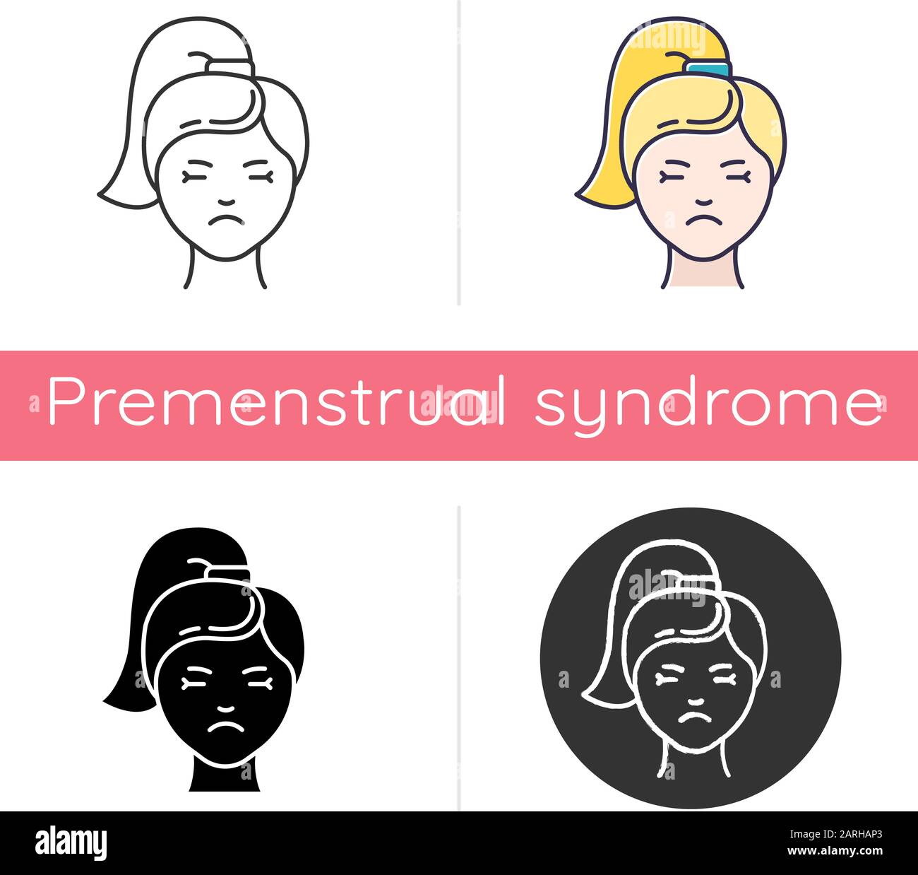 Migraine icon. Girl with headache. Emotional expression on female face ...