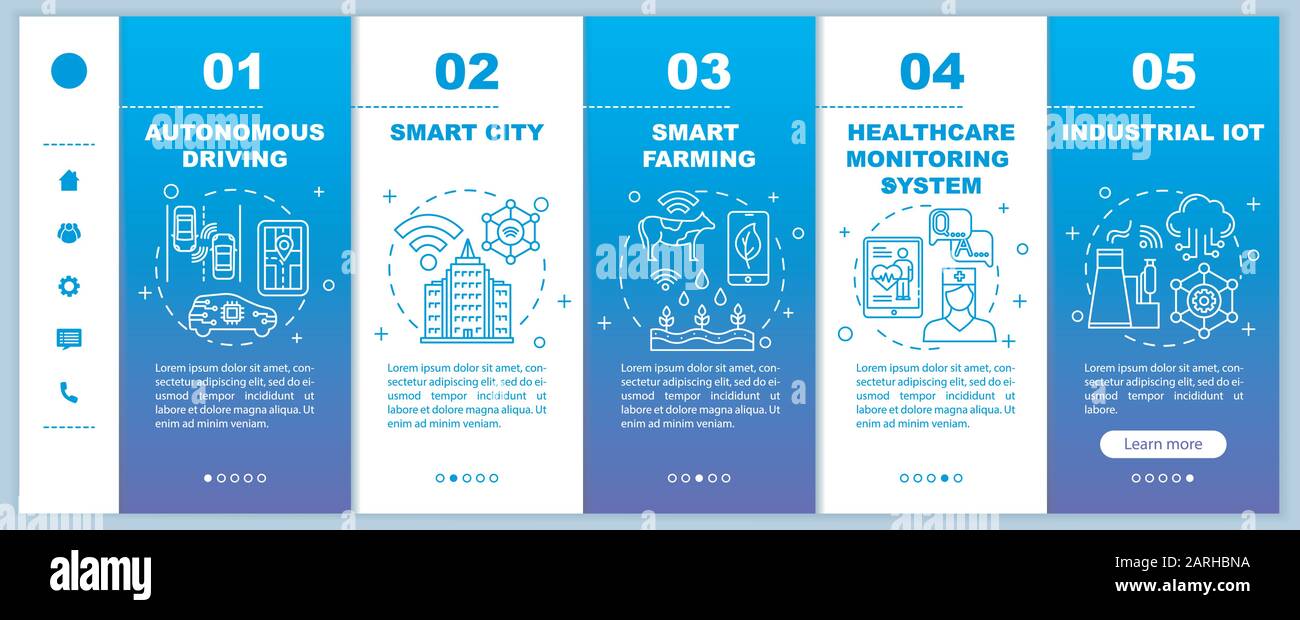 5G technologies onboarding mobile web pages vector template. Smart city. Responsive smartphone ...