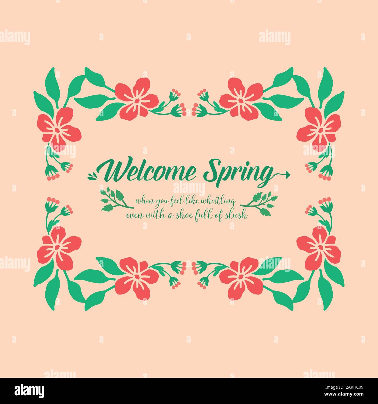 Welcome spring poster design, with elegant leaf and floral frame ...