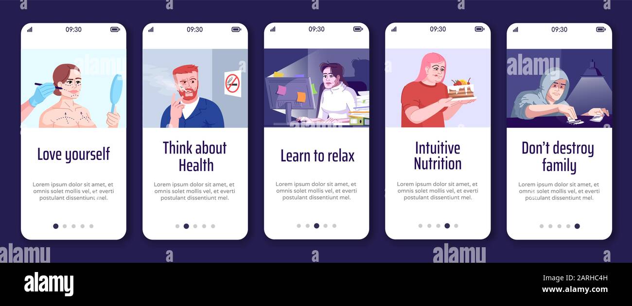 Addiction overcoming onboarding mobile app screen vector template. Help ...