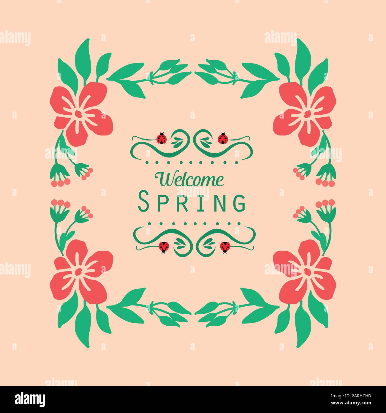 Elegant welcome spring greeting card design, with beautiful ornate leaf ...