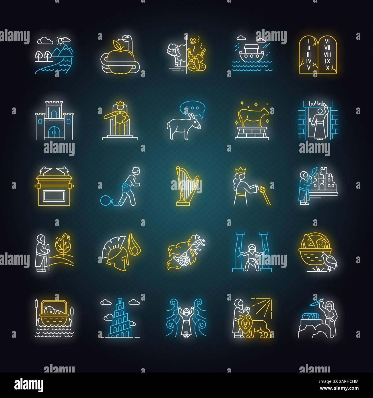 Bible narratives neon light icons set. Noah Ark, Babel tower. Moses ...