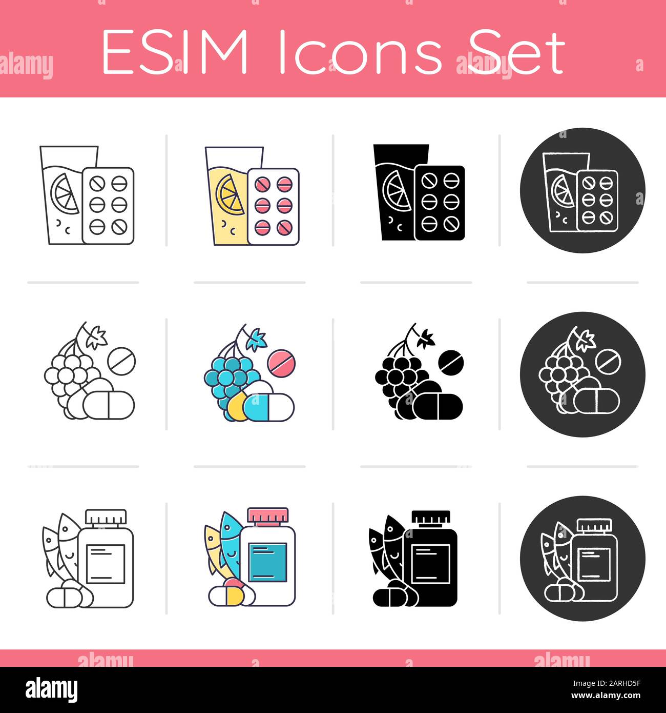 Vitamin intake icons set. Orange juice. Diet supplement. Fish oil ...