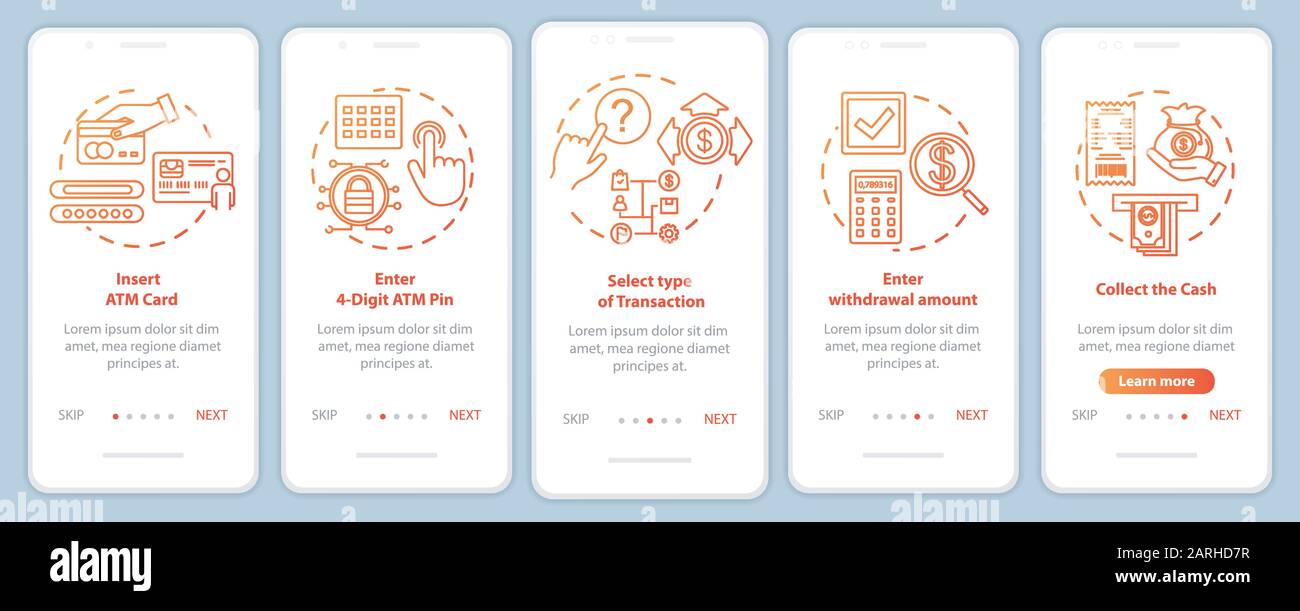 Atm Instruction Onboarding Mobile App Page Screen Vector Template Walkthrough Website Steps