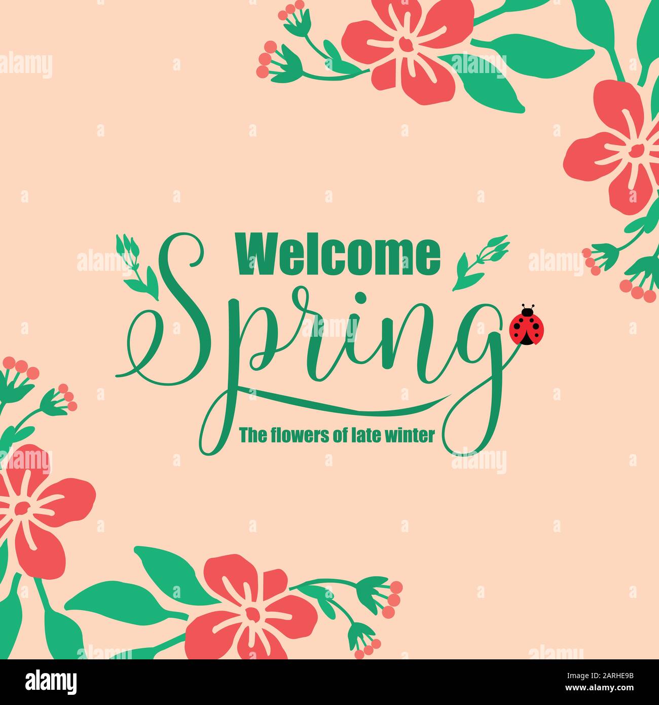 Welcome spring poster design, with elegant leaf and floral frame ...