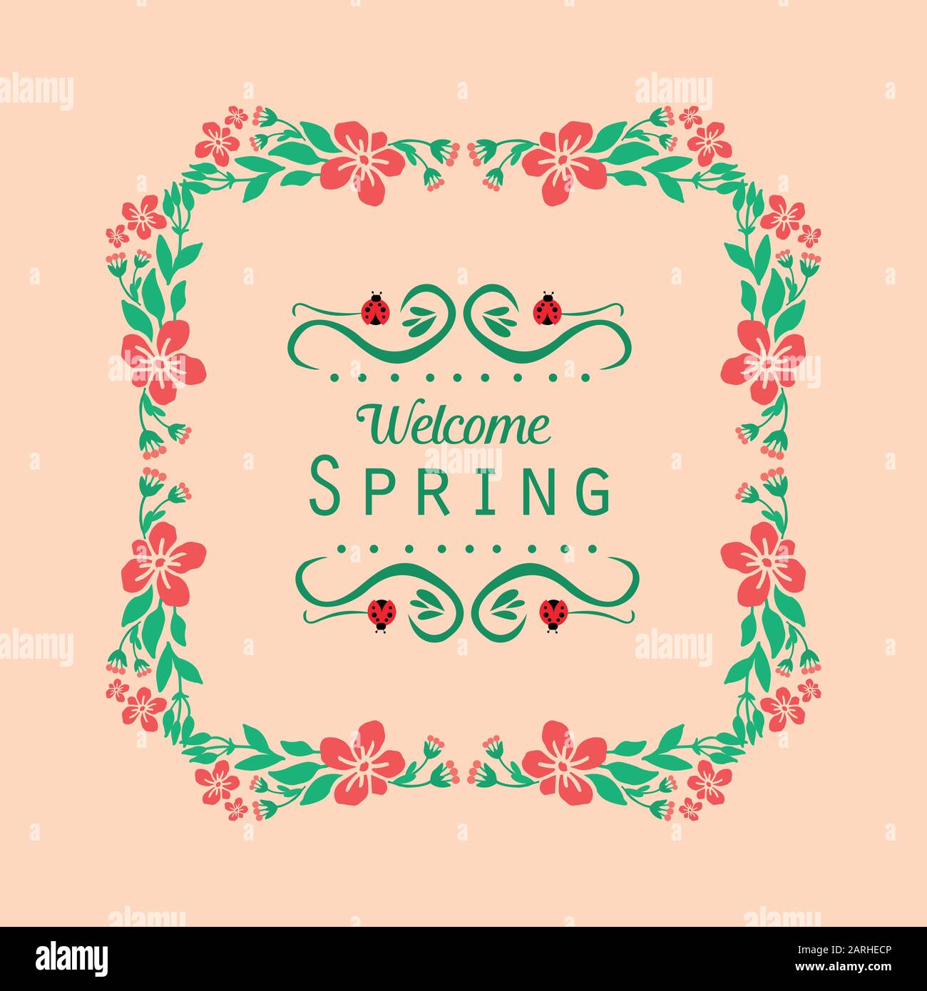 Unique Shape of welcome spring greeting card, with seamless leaf and ...