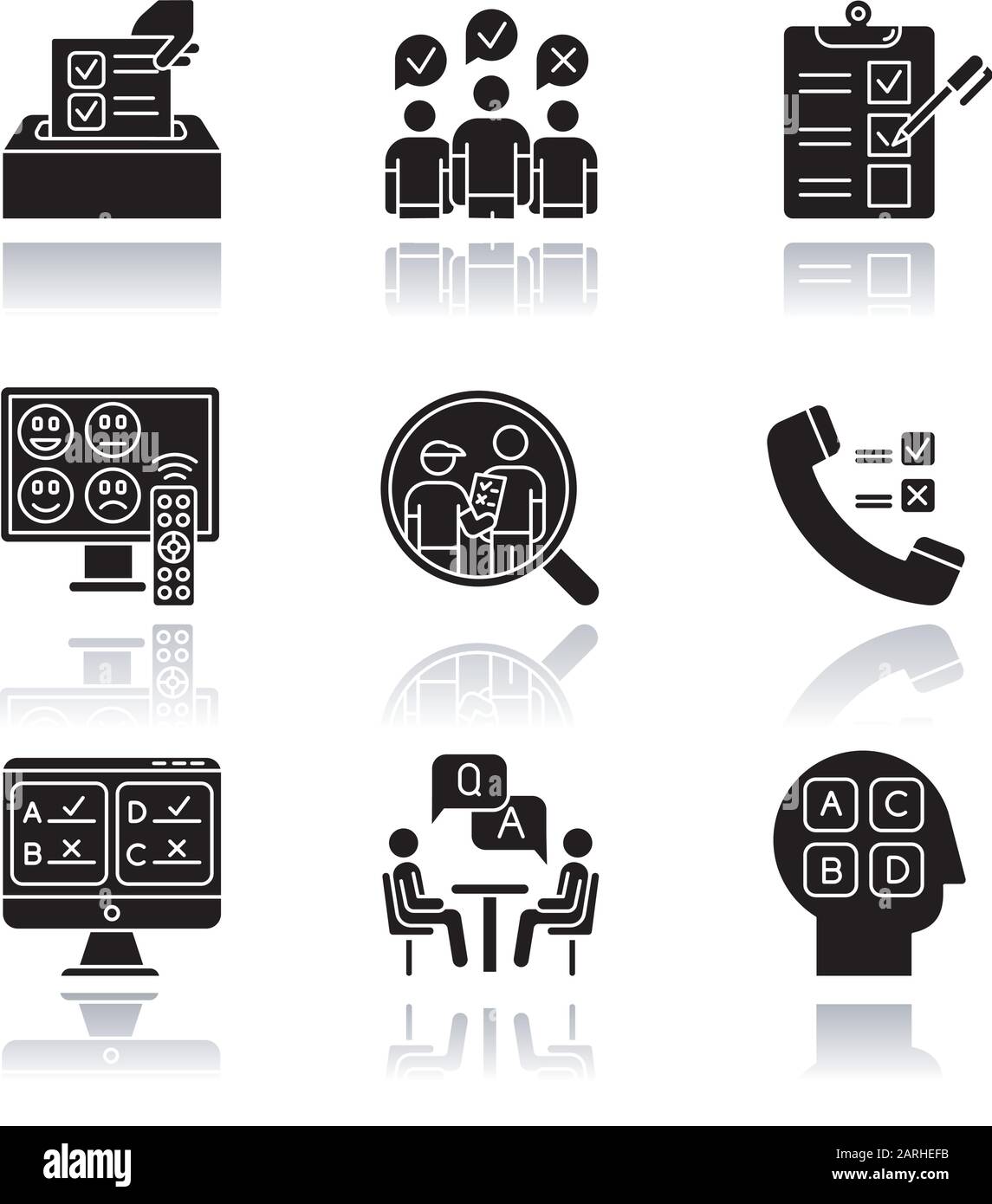 Survey methods drop shadow black glyph icons set. Telephone, online ...