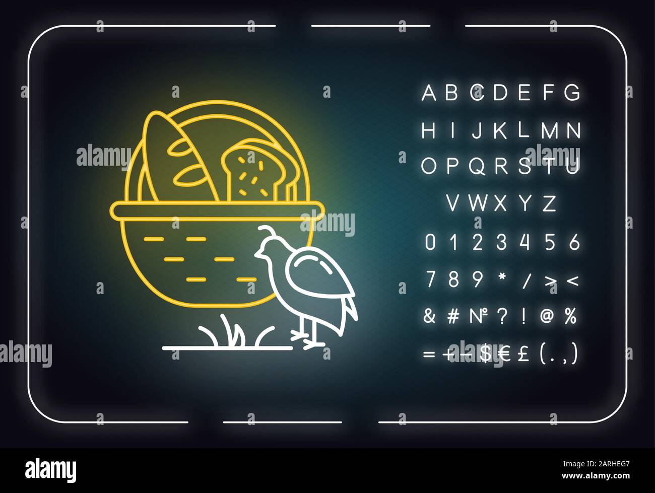 Manna and quail Bible story neon light icon. Bread loaves in basket and ...