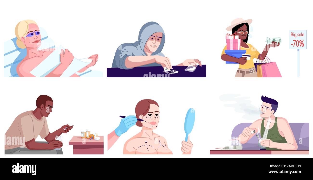 Human addiction flat vector illustrations set. Behavioral disorders ...