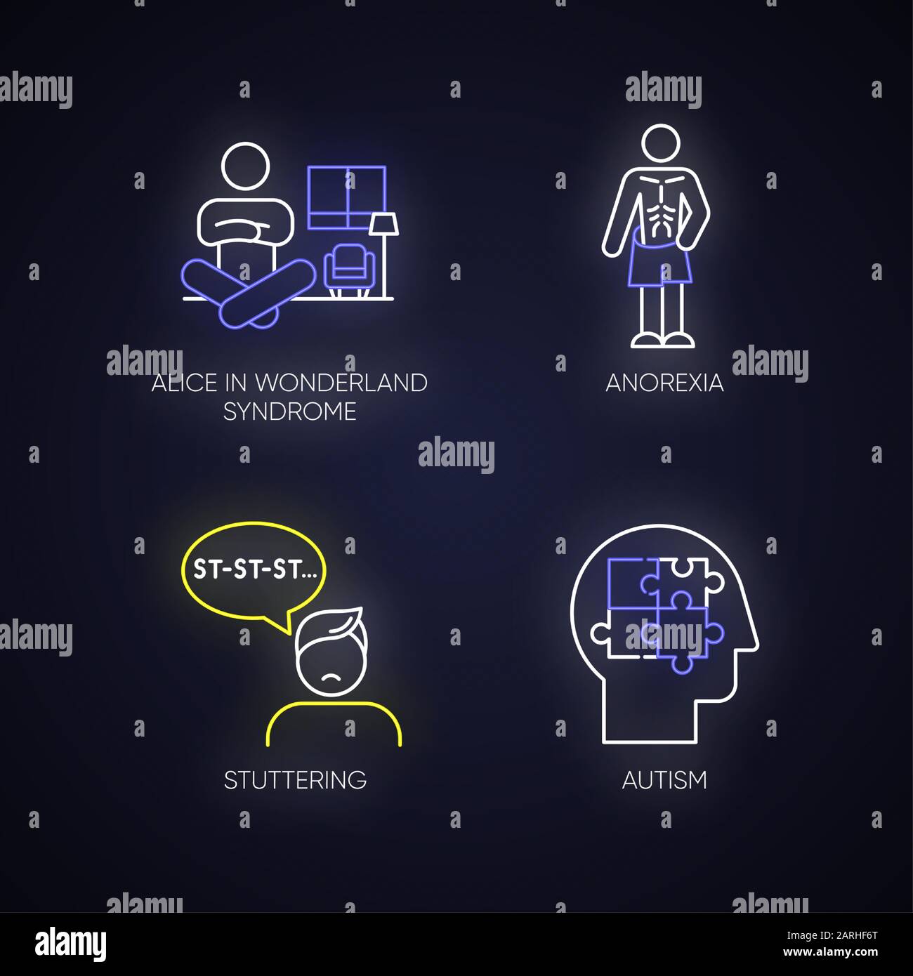 Mental disorder neon light icons set. Alice in wonderland syndrome ...