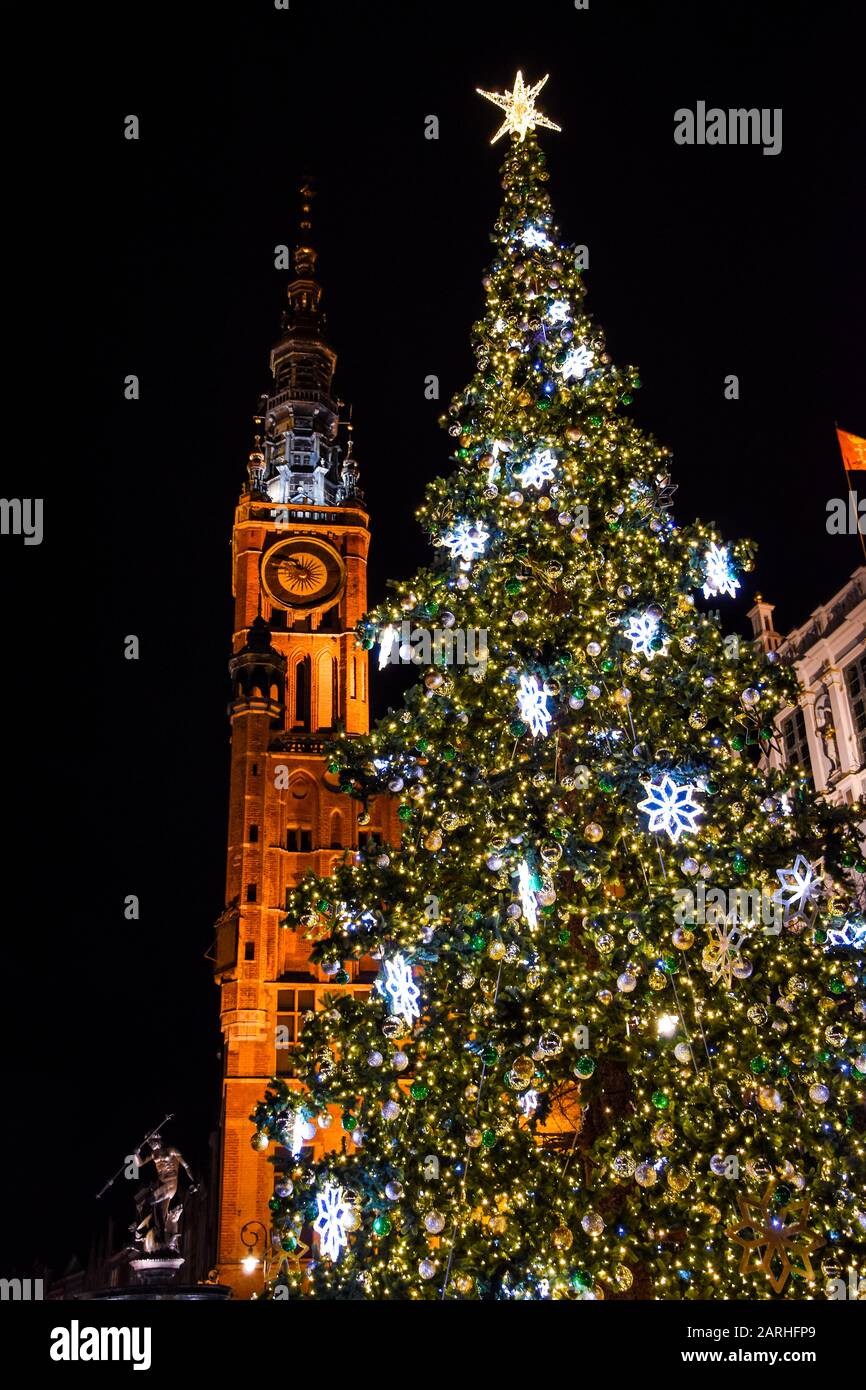 Christmas tree at night Gdansk Old Town, Poland Stock Photo - Alamy