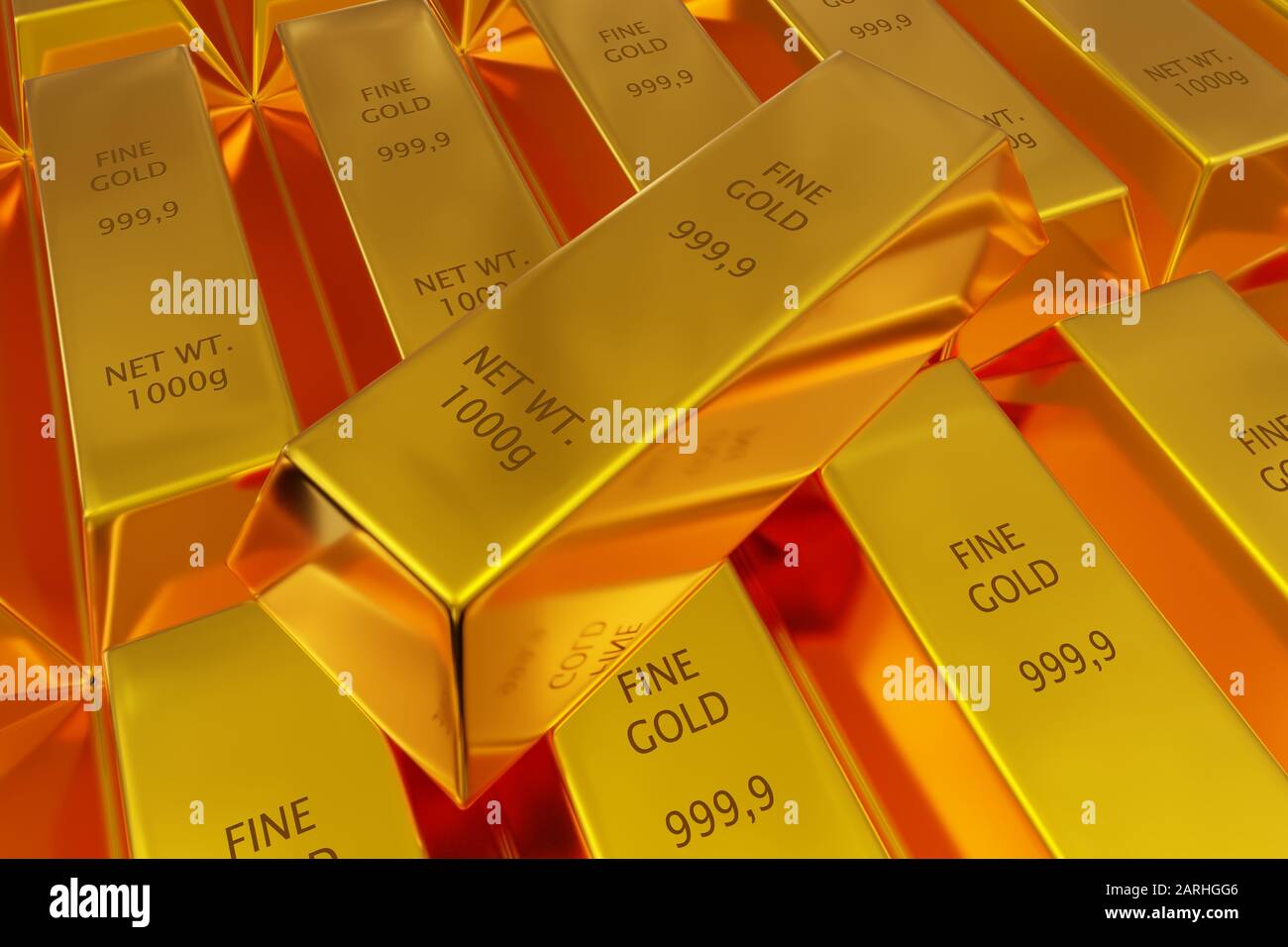 Single gold ingot on rows of shiny gold ingots or bars background - essential electronics ...