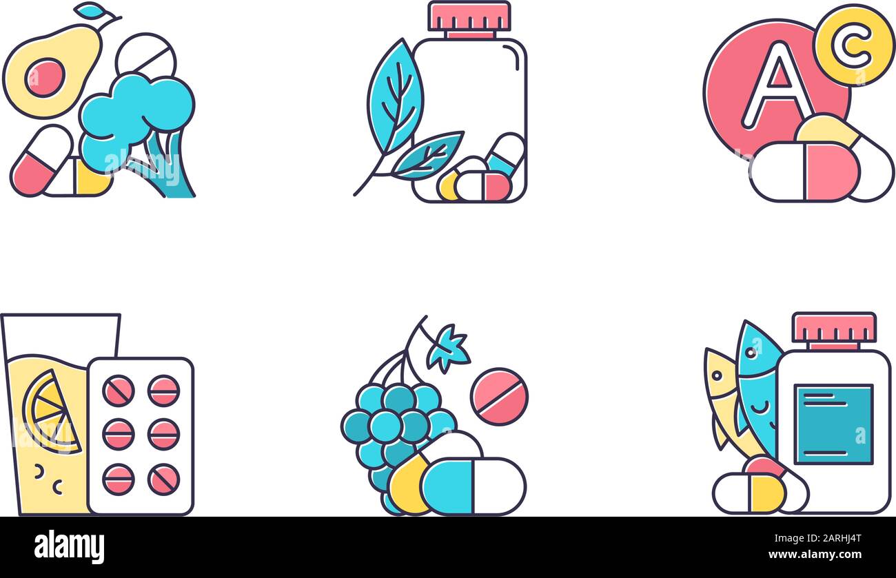 Vitamin intake color icons set. Vegetables and fruits for healthcare ...