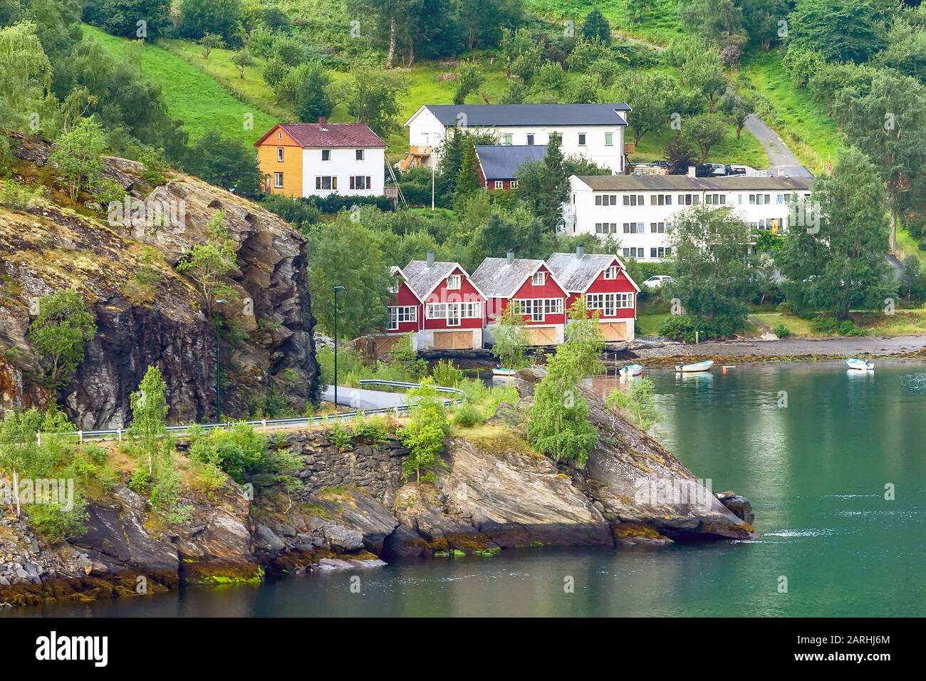 Norwegian fjord village and Sognefjord landscape in Flam, Norway Stock ...