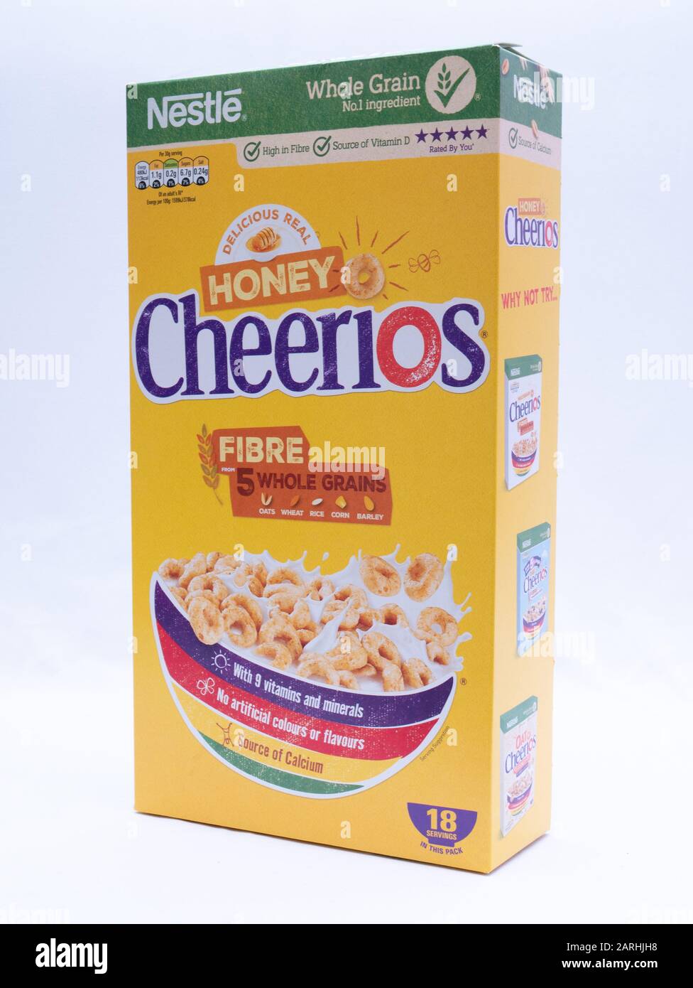 UK, Jan 2020: Nestle Honey Cheerios with whole grain on white studio ...