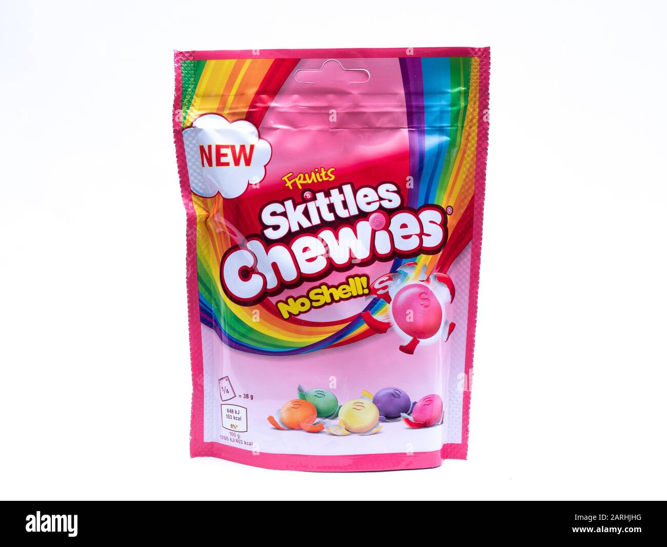 UK, Jan 2020: Skittles Chewies fruit sweets No Shell on white studio ...