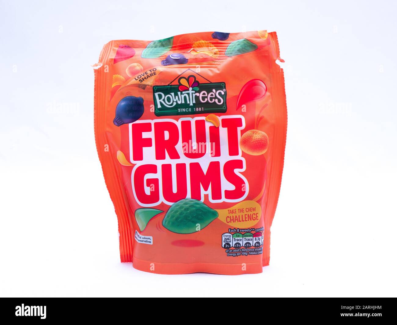 UK, Jan 2020: Nestle Rowntrees Fruit Gums packet on white studio ...