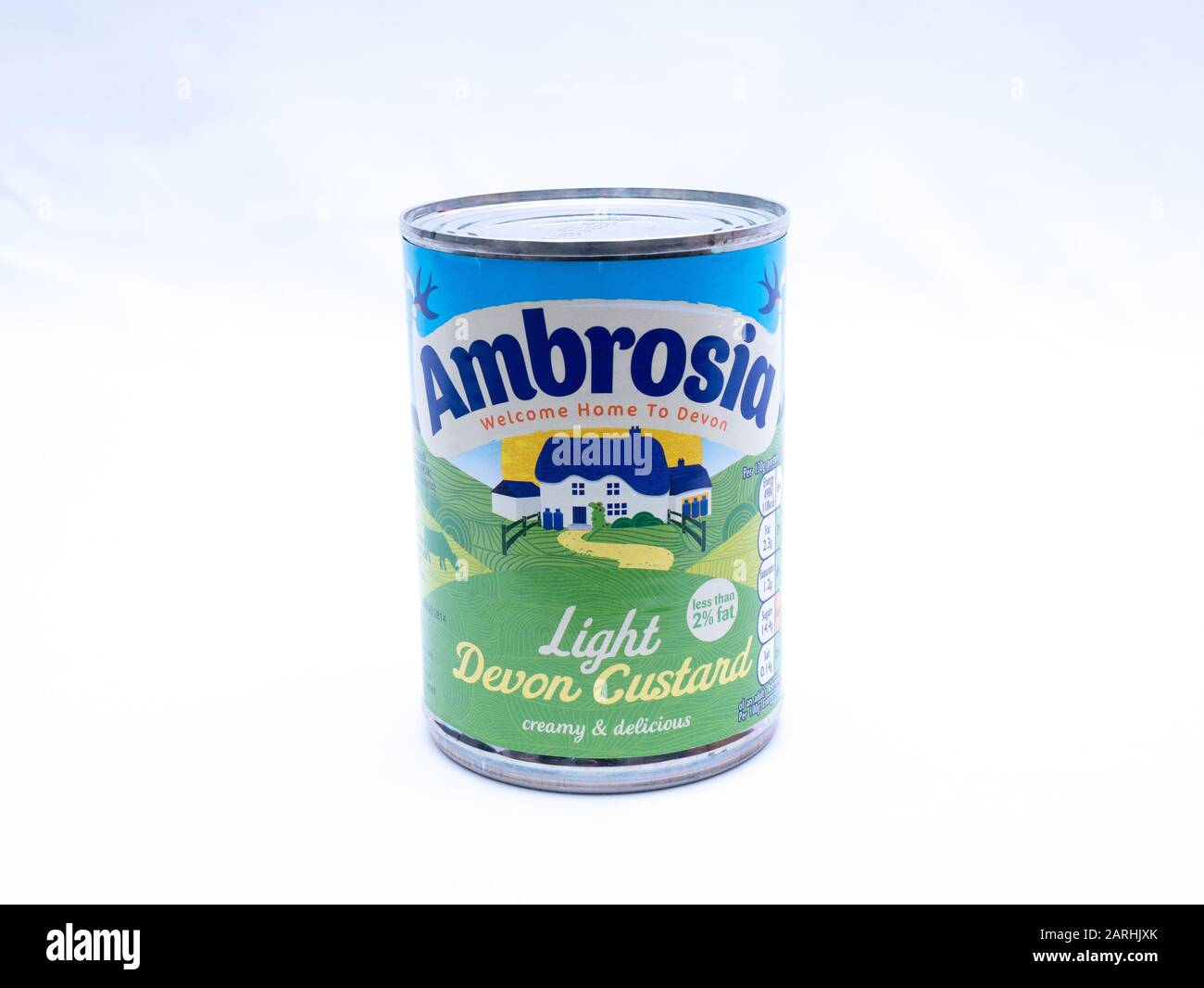 UK, Jan 2020: Ambrosia light devon custard on white studio background ...