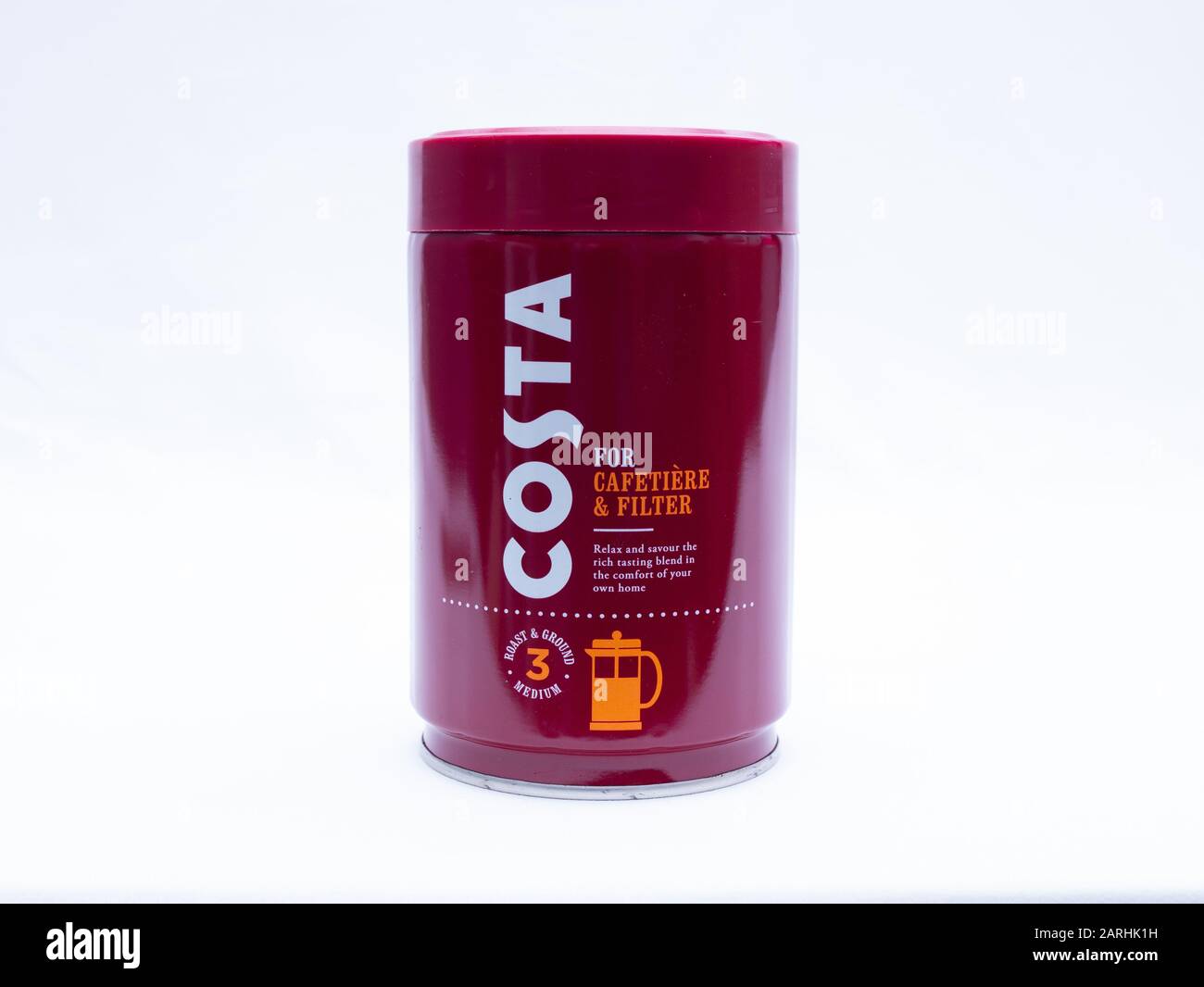 UK, Jan 2020: Costa coffee grounds for cafetiere and filter on white ...