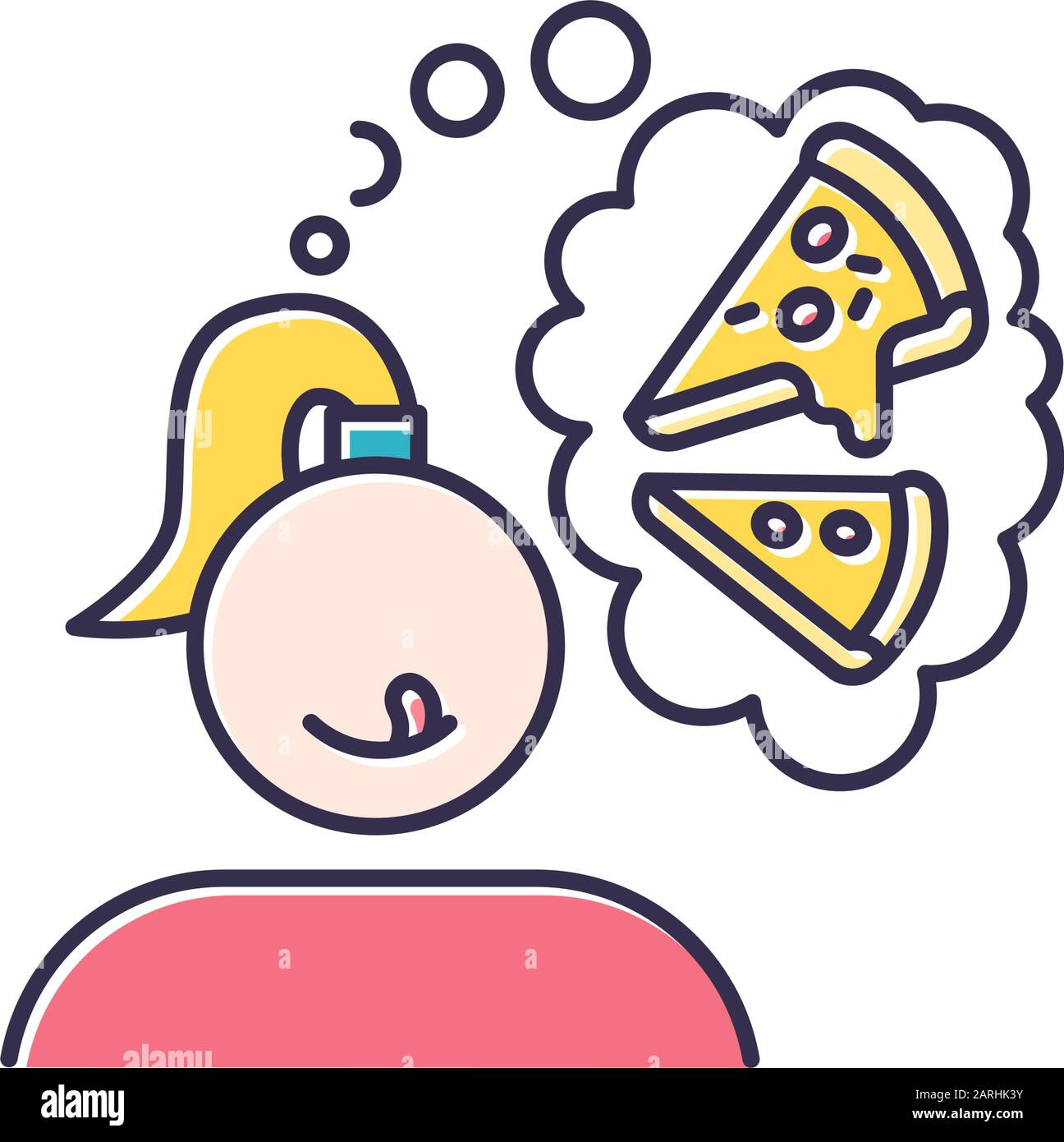 Pizza craving color icon. Woman thinking of fast food. Unhealthy treat ...