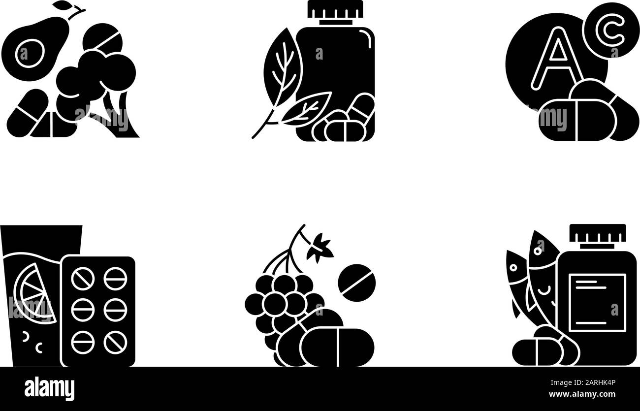 Vitamin intake glyph icons set. Vegetables and fruits for healthcare ...