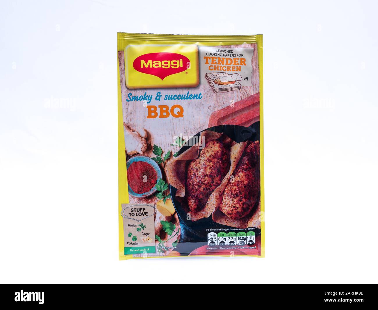 UK, Jan 2020: Maggi seasoned bbq cooking papers on white studio ...